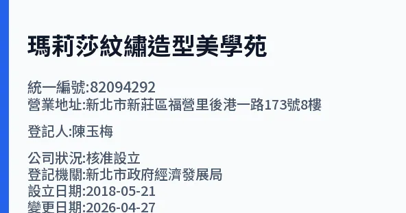 瑪莉莎紋繡造型美學苑的照片-統編 82094292(新北市) 公司登記資料與營業項目詳細圖表