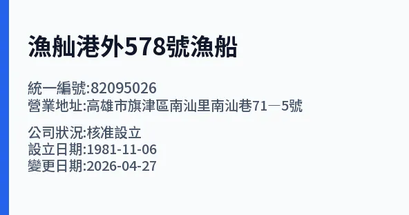 漁舢港外578號漁船的照片-統編 82095026(高雄市) 公司登記資料與營業項目詳細圖表