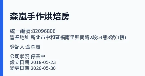 森嵐手作烘焙房的照片-統編 82096806(新北市) 公司登記資料與營業項目詳細圖表