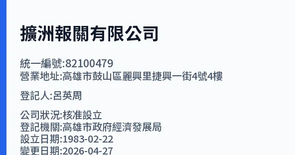 擴洲報關有限公司的照片-統編 82100479(高雄市) 公司登記資料與營業項目詳細圖表