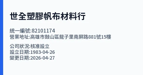 世全塑膠帆布材料行的照片-統編 82101174(高雄市) 公司登記資料與營業項目詳細圖表