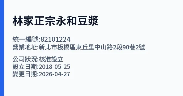 林家正宗永和豆漿的照片-統編 82101224(新北市) 公司登記資料與營業項目詳細圖表