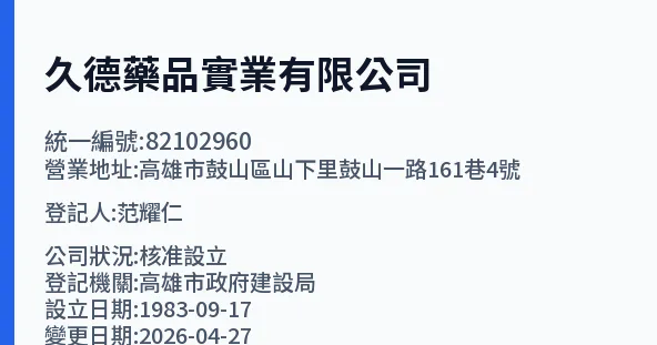 久德藥品實業有限公司的照片-統編 82102960(高雄市) 公司登記資料與營業項目詳細圖表