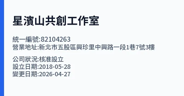 星濱山共創工作室的照片-統編 82104263(新北市) 公司登記資料與營業項目詳細圖表