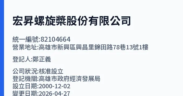 宏昇螺旋槳股份有限公司的照片-統編 82104664(高雄市) 公司登記資料與營業項目詳細圖表