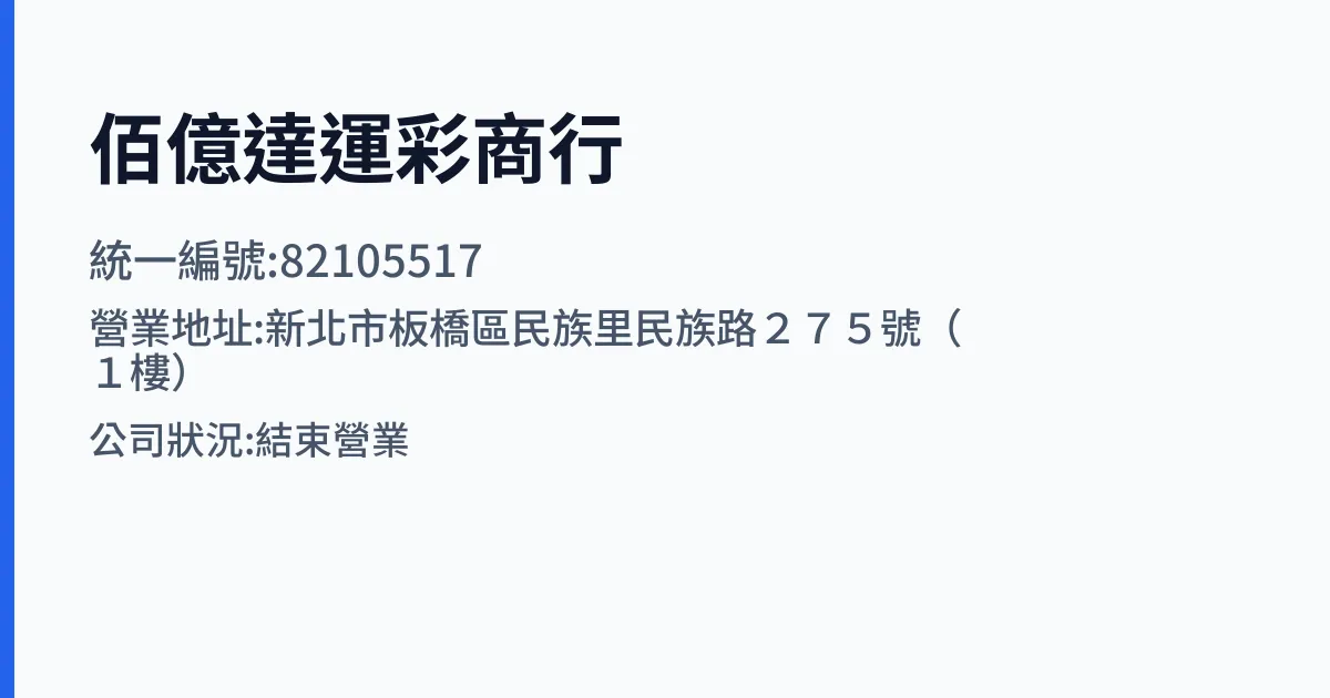 佰億達運彩商行 - 統編 82105517(新北市) 公司登記資料與營業項目詳細圖表