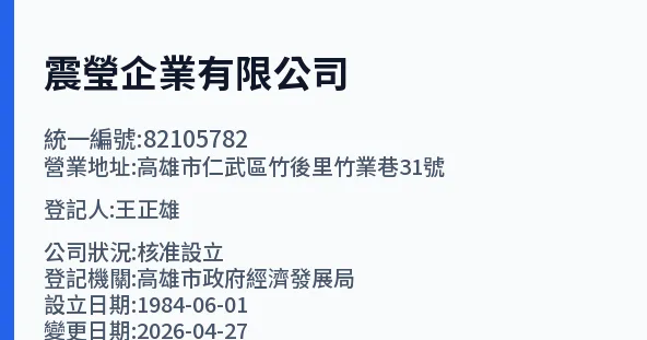 震瑩企業有限公司的照片-統編 82105782(高雄市) 公司登記資料與營業項目詳細圖表
