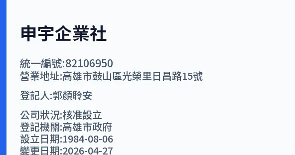 申宇企業社的照片-統編 82106950(高雄市) 公司登記資料與營業項目詳細圖表