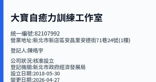 大寶自癒力訓練工作室的照片-統編 82107992(新北市) 公司登記資料與營業項目詳細圖表