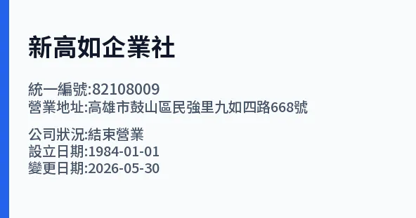 新高如企業社的照片-統編 82108009(高雄市) 公司登記資料與營業項目詳細圖表