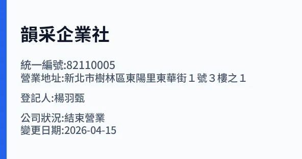 韻采企業社的照片-統編 82110005(新北市) 公司登記資料與營業項目詳細圖表