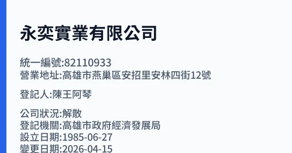 永奕實業有限公司的照片-統編 82110933(高雄市) 公司登記資料與營業項目詳細圖表