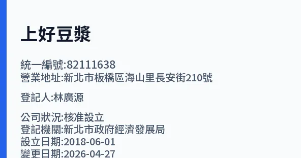 上好豆漿的照片-統編 82111638(新北市) 公司登記資料與營業項目詳細圖表