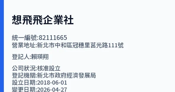想飛飛企業社的照片-統編 82111665(新北市) 公司登記資料與營業項目詳細圖表