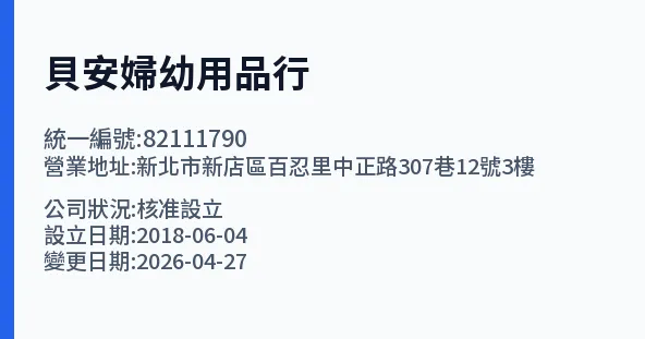 貝安婦幼用品行的照片-統編 82111790(新北市) 公司登記資料與營業項目詳細圖表