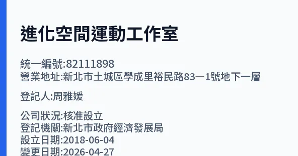 進化空間運動工作室的照片-統編 82111898(新北市) 公司登記資料與營業項目詳細圖表
