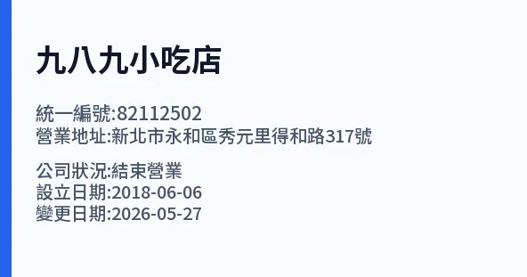 九八九小吃店的照片-統編 82112502(新北市) 公司登記資料與營業項目詳細圖表