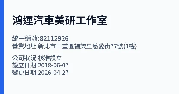 鴻運汽車美研工作室的照片-統編 82112926(新北市) 公司登記資料與營業項目詳細圖表