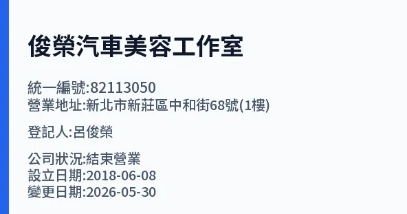 俊榮汽車美容工作室的照片-統編 82113050(新北市) 公司登記資料與營業項目詳細圖表
