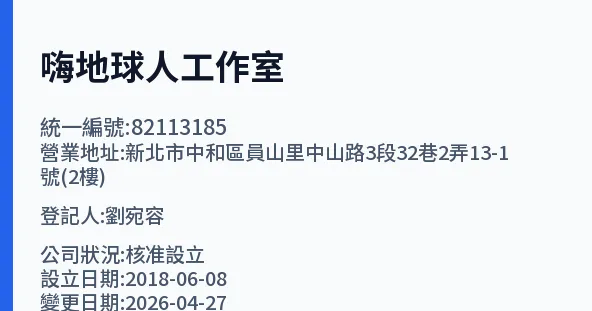 嗨地球人工作室的照片-統編 82113185(新北市) 公司登記資料與營業項目詳細圖表