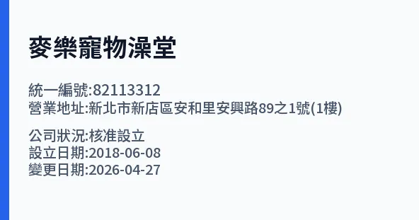 麥樂寵物澡堂的照片-統編 82113312(新北市) 公司登記資料與營業項目詳細圖表