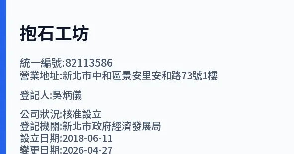 抱石工坊的照片-統編 82113586(新北市) 公司登記資料與營業項目詳細圖表