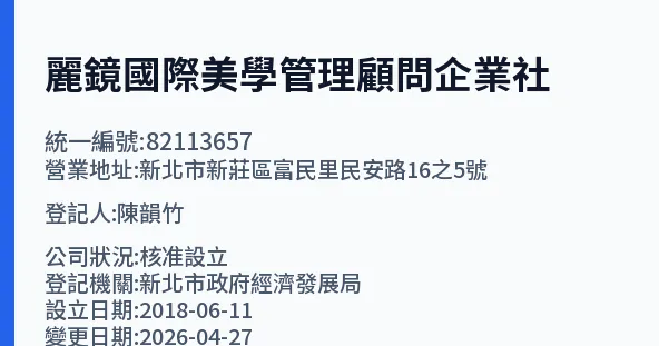 麗鏡國際美學管理顧問企業社的照片-統編 82113657(新北市) 公司登記資料與營業項目詳細圖表