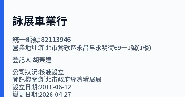 詠展車業行的照片-統編 82113946(新北市) 公司登記資料與營業項目詳細圖表