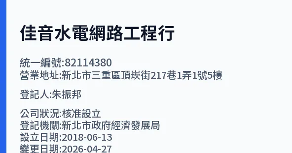 佳音水電網路工程行的照片-統編 82114380(新北市) 公司登記資料與營業項目詳細圖表
