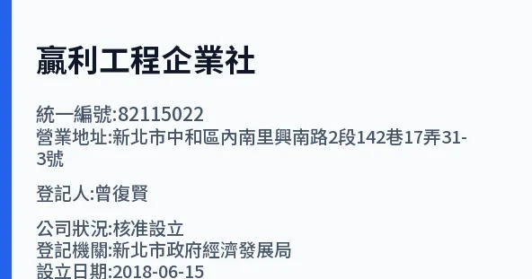 贏利工程企業社的照片-統編 82115022(新北市) 公司登記資料與營業項目詳細圖表