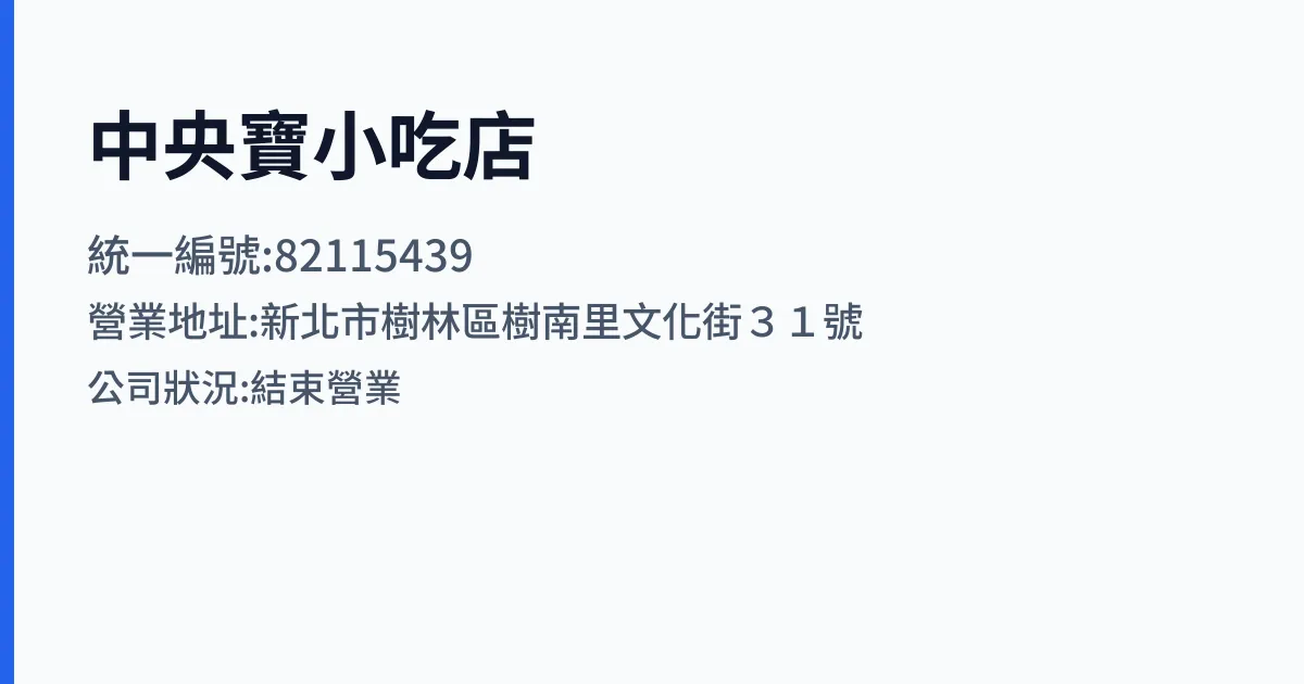 中央寶小吃店 - 統編 82115439(新北市) 公司登記資料與營業項目詳細圖表