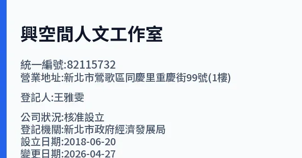 興空間人文工作室的照片-統編 82115732(新北市) 公司登記資料與營業項目詳細圖表