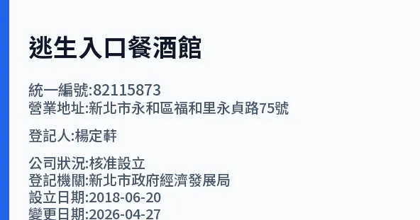 逃生入口餐酒館的照片-統編 82115873(新北市) 公司登記資料與營業項目詳細圖表
