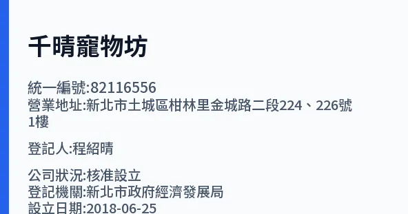 千晴寵物坊的照片-統編 82116556(新北市) 公司登記資料與營業項目詳細圖表
