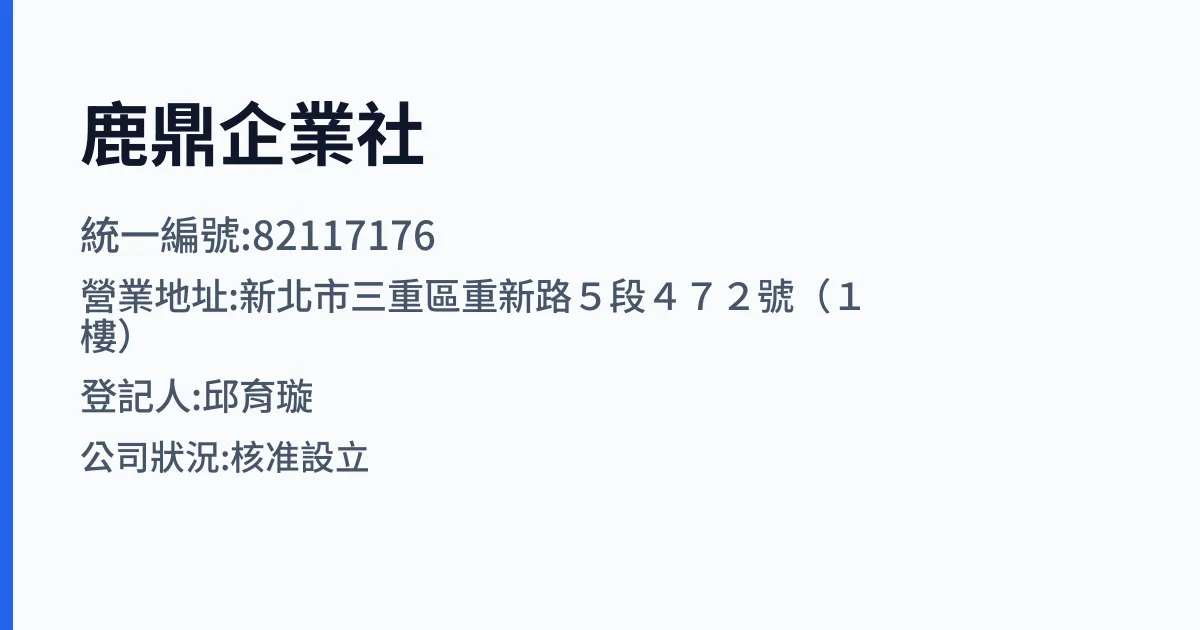 鹿鼎企業社 - 統編 82117176(新北市) 公司登記資料與營業項目詳細圖表