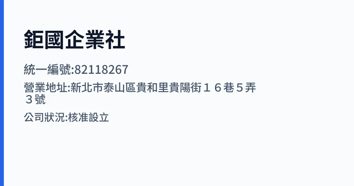 鉅國企業社 - 統編 82118267(新北市) 公司登記資料與營業項目詳細圖表