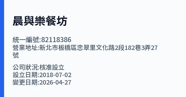 晨與樂餐坊的照片-統編 82118386(新北市) 公司登記資料與營業項目詳細圖表