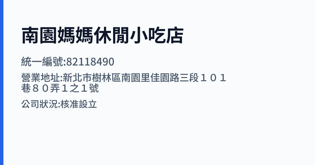 南園媽媽休閒小吃店 - 統編 82118490(新北市) 公司登記資料與營業項目詳細圖表