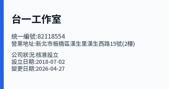 台一工作室的照片-統編 82118554(新北市) 公司登記資料與營業項目詳細圖表