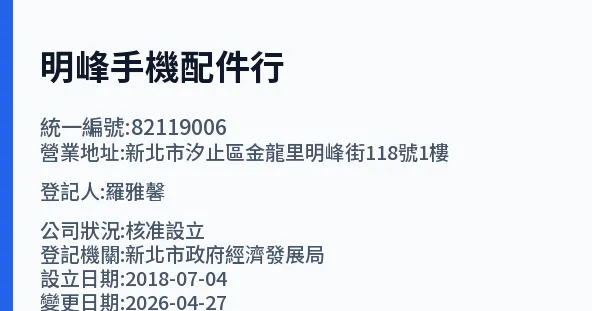 明峰手機配件行的照片-統編 82119006(新北市) 公司登記資料與營業項目詳細圖表