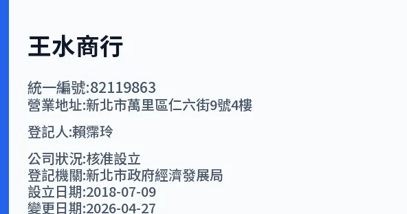 王水商行的照片-統編 82119863(新北市) 公司登記資料與營業項目詳細圖表