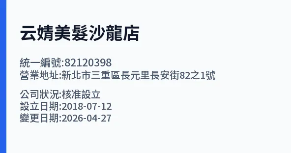 云婧美髮沙龍店的照片-統編 82120398(新北市) 公司登記資料與營業項目詳細圖表