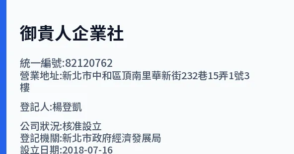御貴人企業社的照片-統編 82120762(新北市) 公司登記資料與營業項目詳細圖表