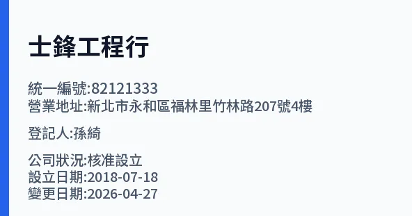 士鋒工程行的照片-統編 82121333(新北市) 公司登記資料與營業項目詳細圖表