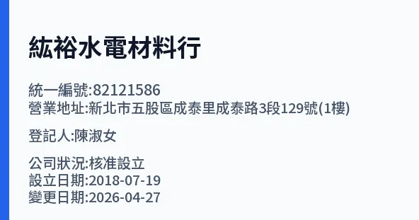 紘裕水電材料行的照片-統編 82121586(新北市) 公司登記資料與營業項目詳細圖表
