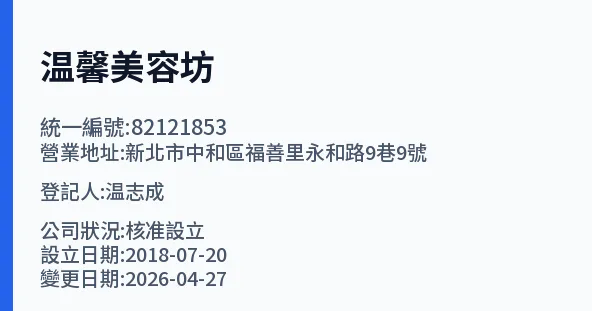 温馨美容坊的照片-統編 82121853(新北市) 公司登記資料與營業項目詳細圖表