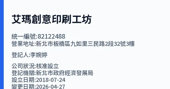 艾瑪創意印刷工坊的照片-統編 82122488(新北市) 公司登記資料與營業項目詳細圖表