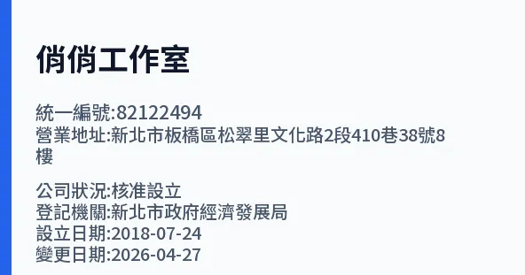 俏俏工作室的照片-統編 82122494(新北市) 公司登記資料與營業項目詳細圖表