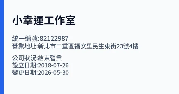 小幸運工作室的照片-統編 82122987(新北市) 公司登記資料與營業項目詳細圖表