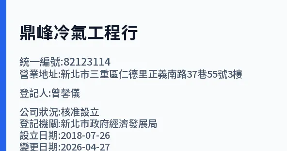 鼎峰冷氣工程行的照片-統編 82123114(新北市) 公司登記資料與營業項目詳細圖表